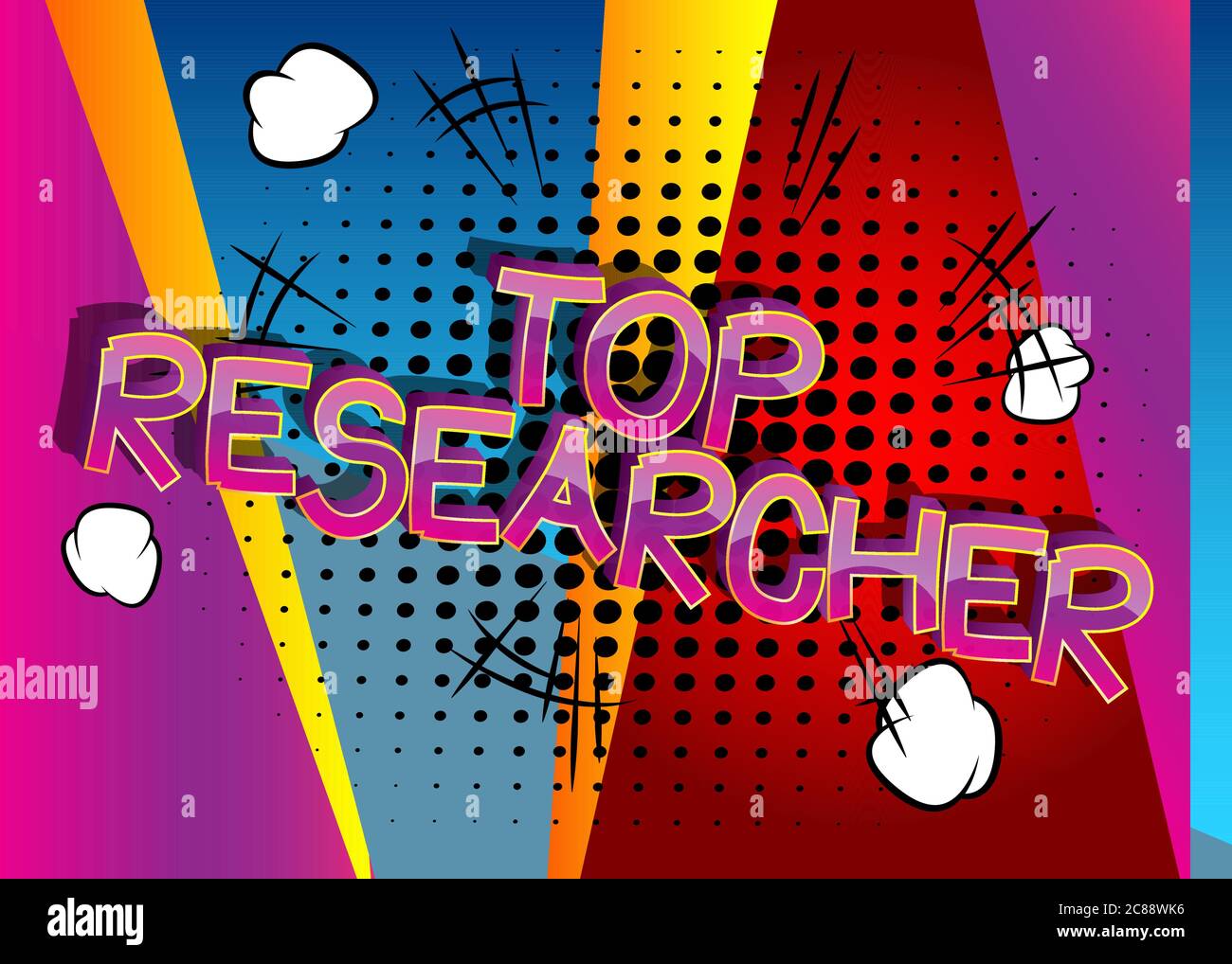 Top Researcher Comic book style cartoon words. Text on abstract ...