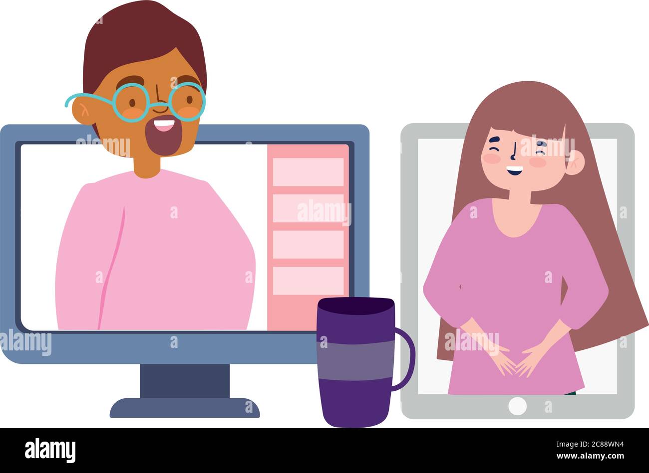 online party, meeting friends, video call smartphone and computer ...