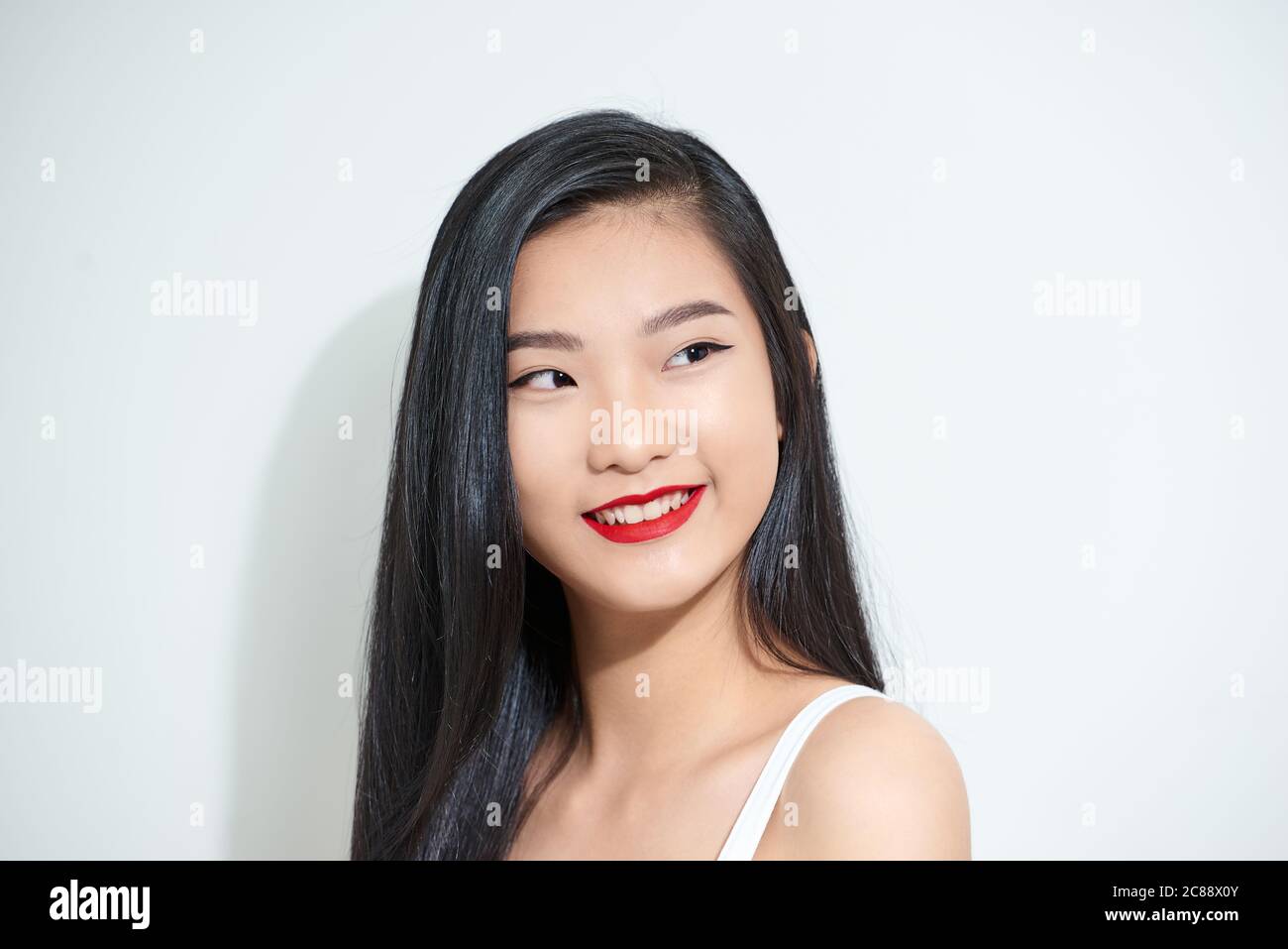 Beautiful Woman Skin Tanned Red Lips Healthy Beauty Skin Smile Stock ...