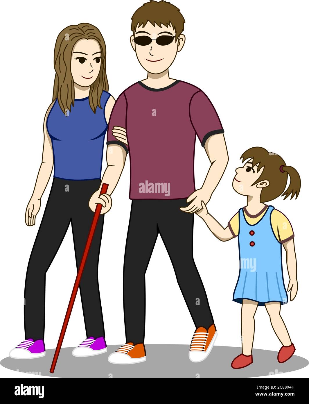 Vector illustration of Blind man and his family are walking together ...