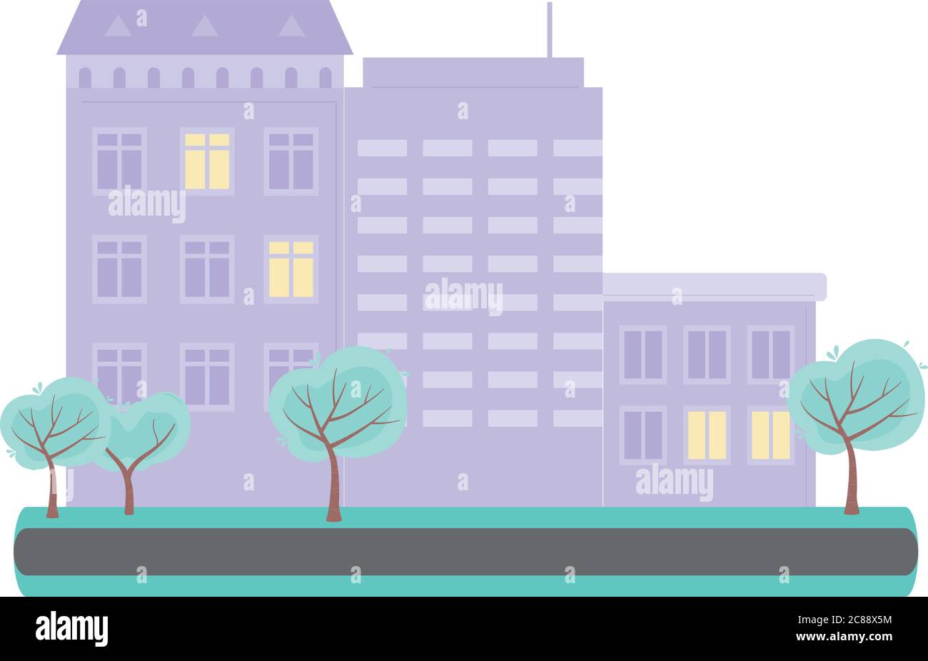 city urban building street tree scene isolated design icon vector ...