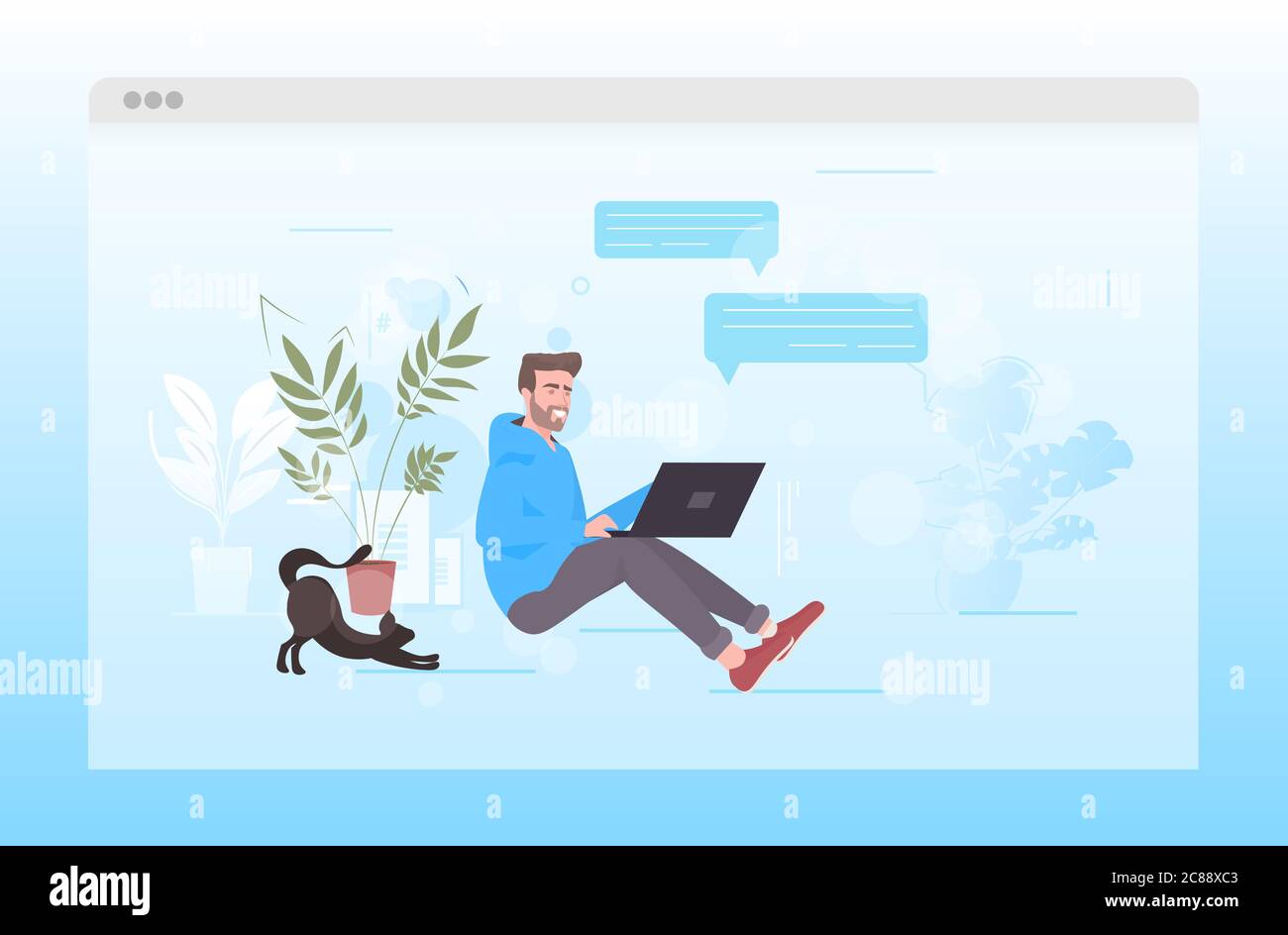 man using laptop remote work quarantine isolation chat bubble ...