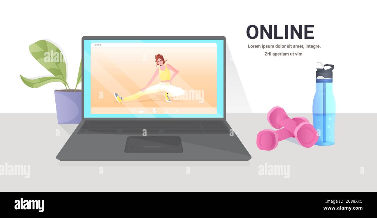 woman doing yoga fitness exercises on laptop screen online training ...