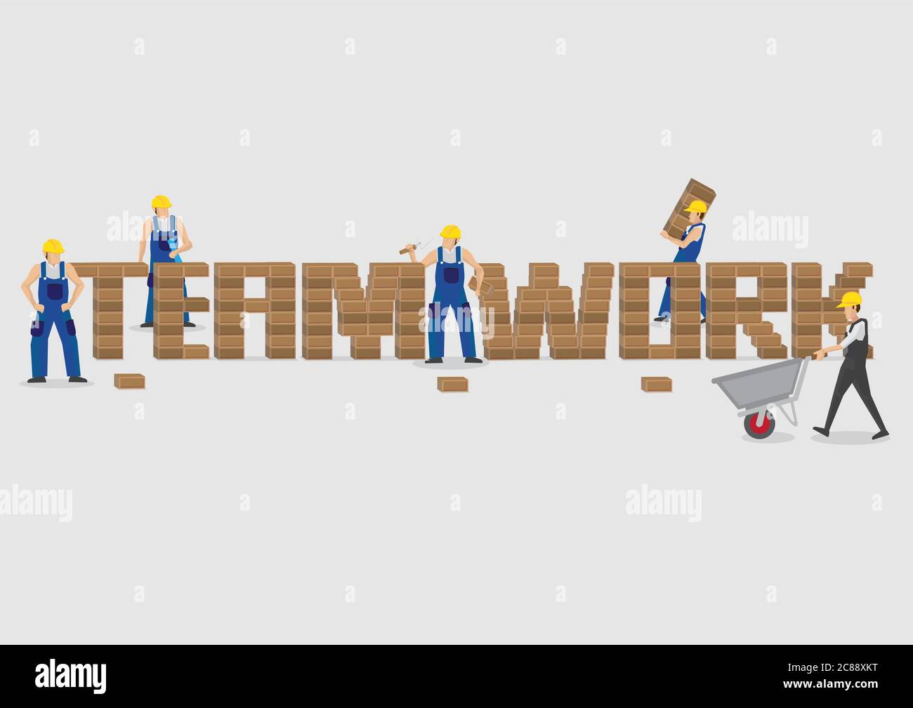 Group of construction workers building brick wall to form Teamwork text ...