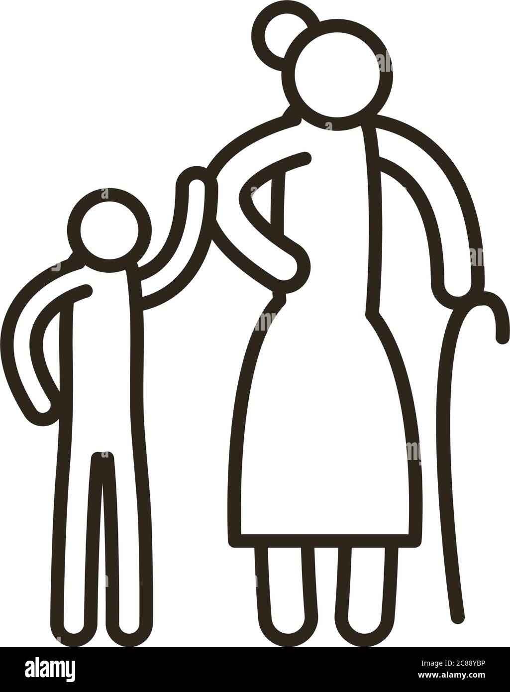 Grandmother avatar with walking stick and grandson line style icon ...