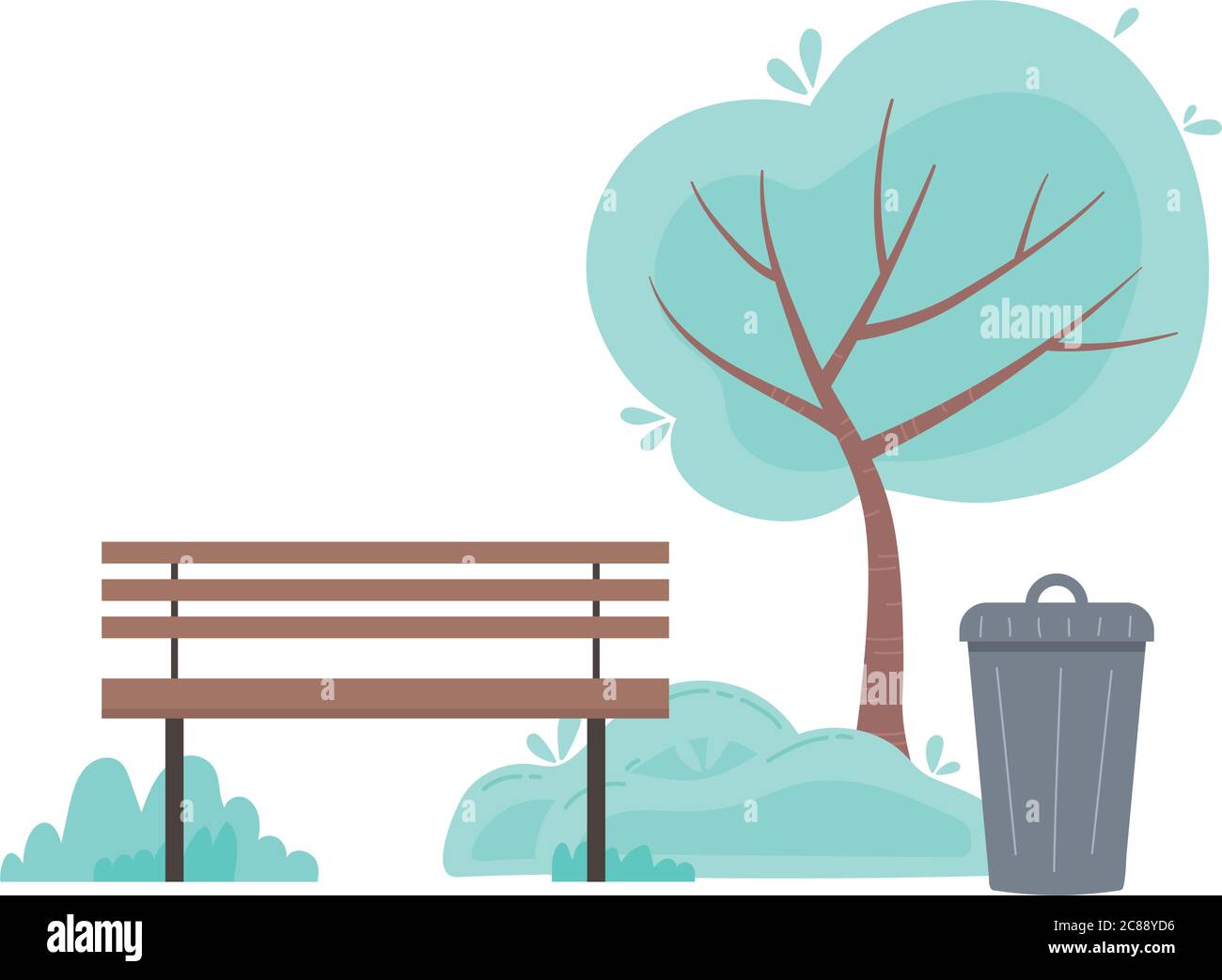 park bench tree bush greenery bin waste outdoor design vector ...