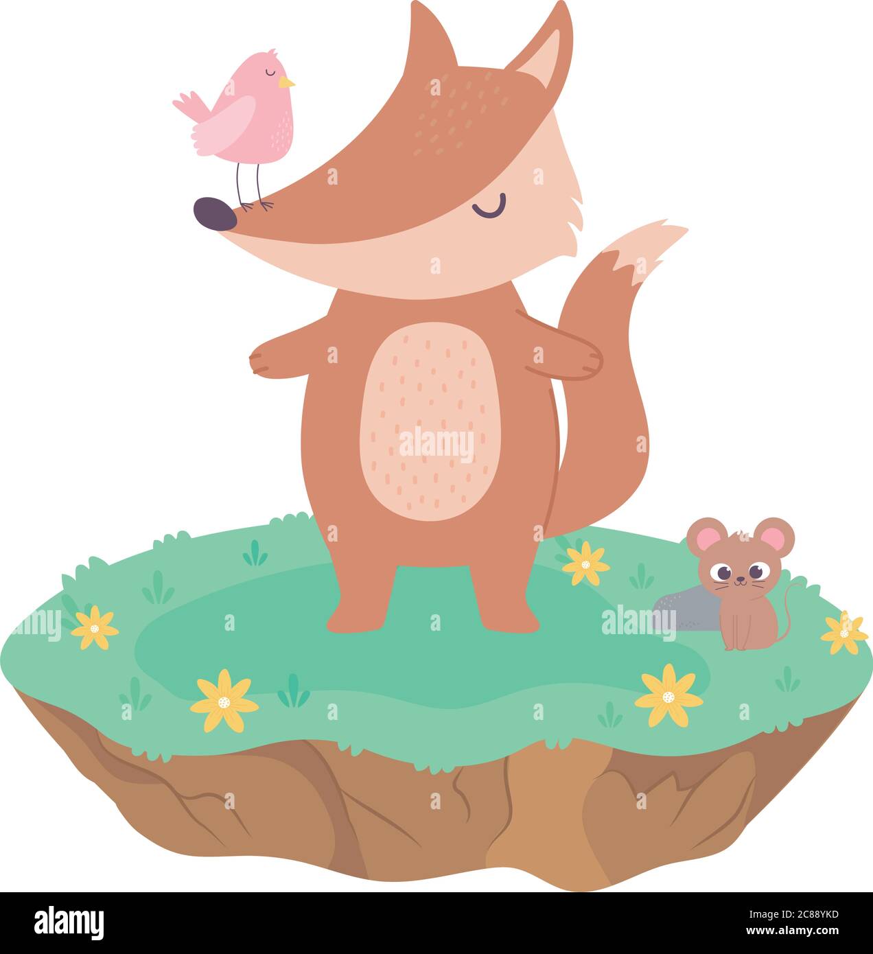 cute fox bird and mouse animals adorable with flowers cartoon vector ...