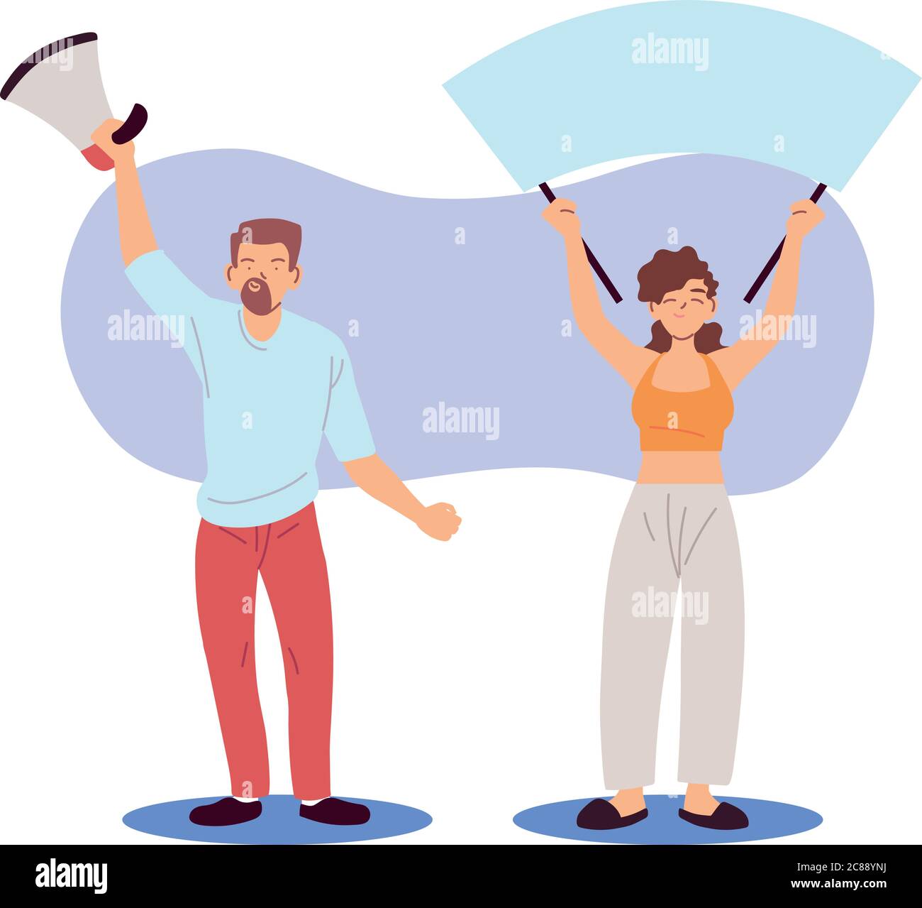 Woman and man cartoons holding banner board and megaphone design ...