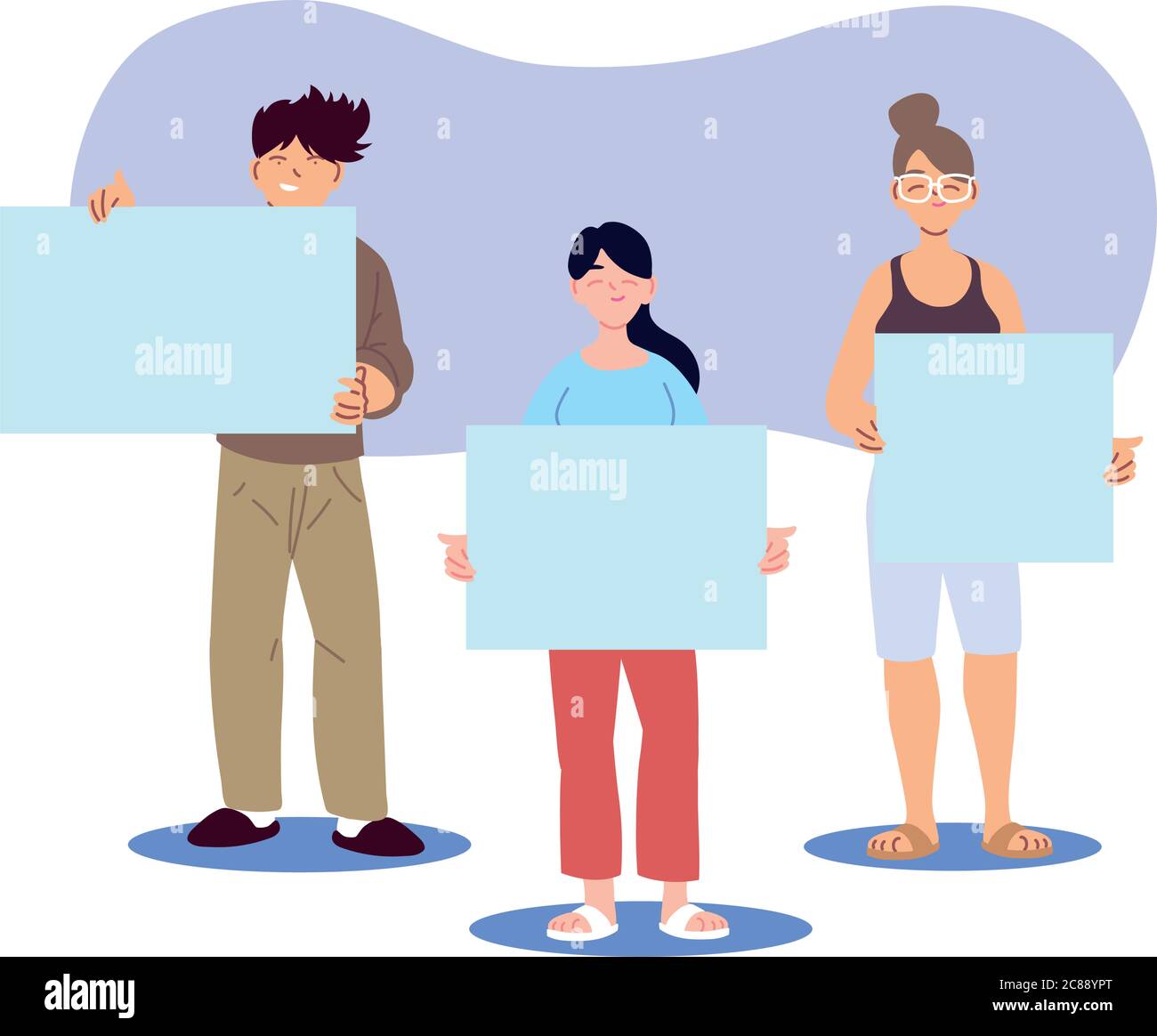 Women and man cartoons holding banners boards design, Manifestation ...