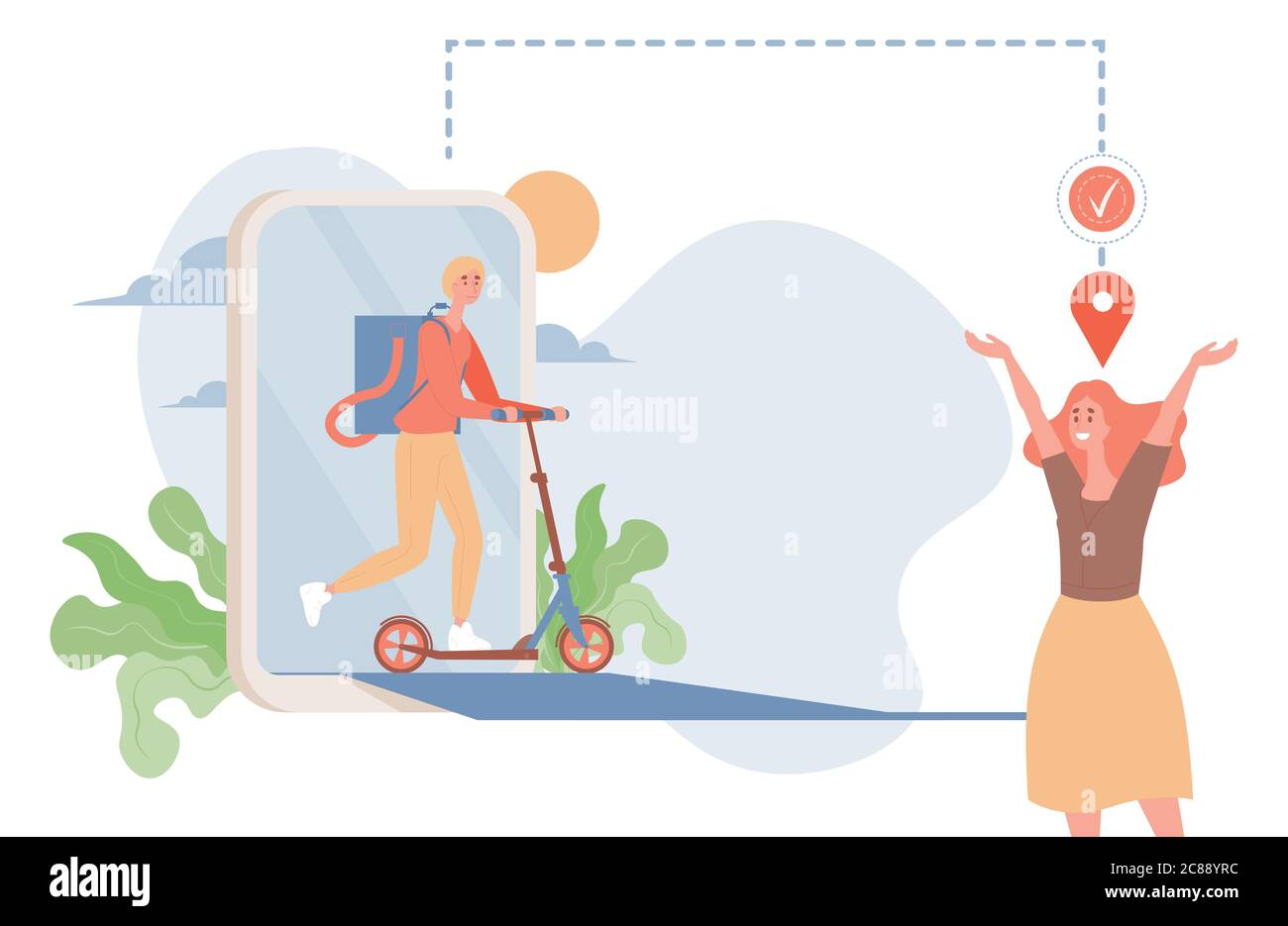 Online non contact delivery vector flat illustration. Man on scooter ...