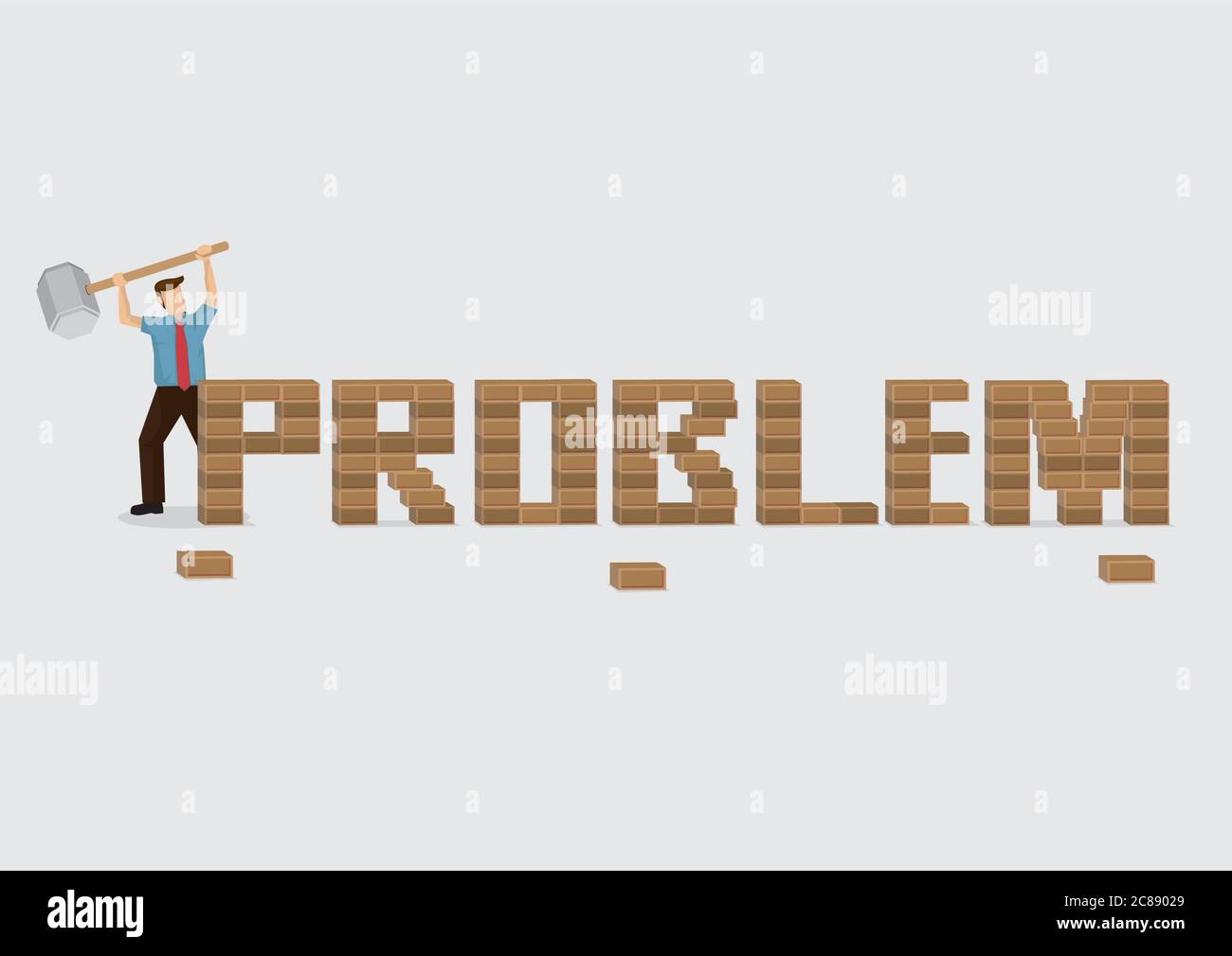 Cartoon character holding a huge mallet ready to smash a brick wall ...