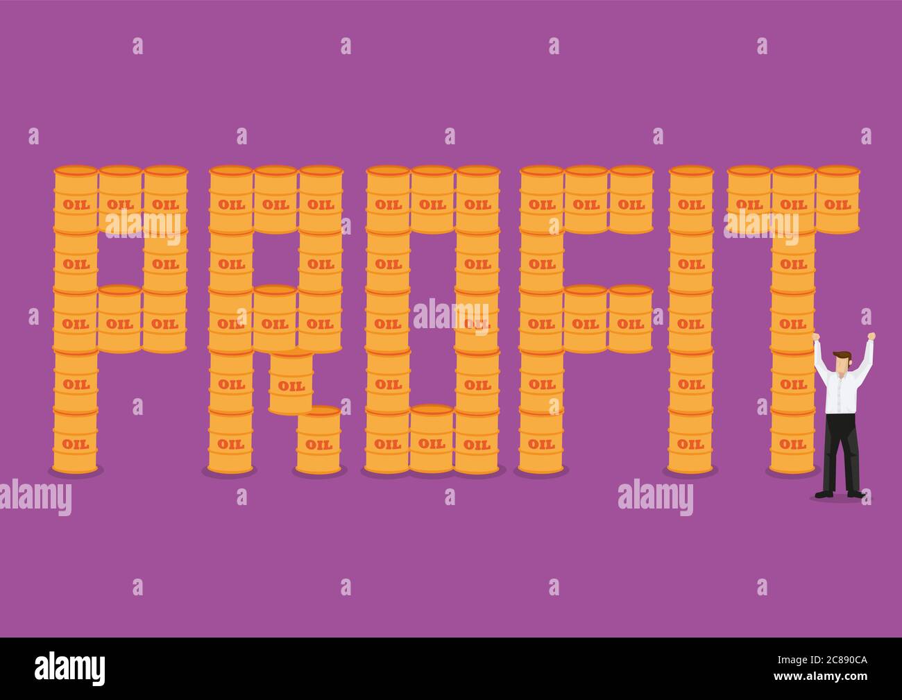 Cartoon businessman with arm raised standing beside big Profit text ...