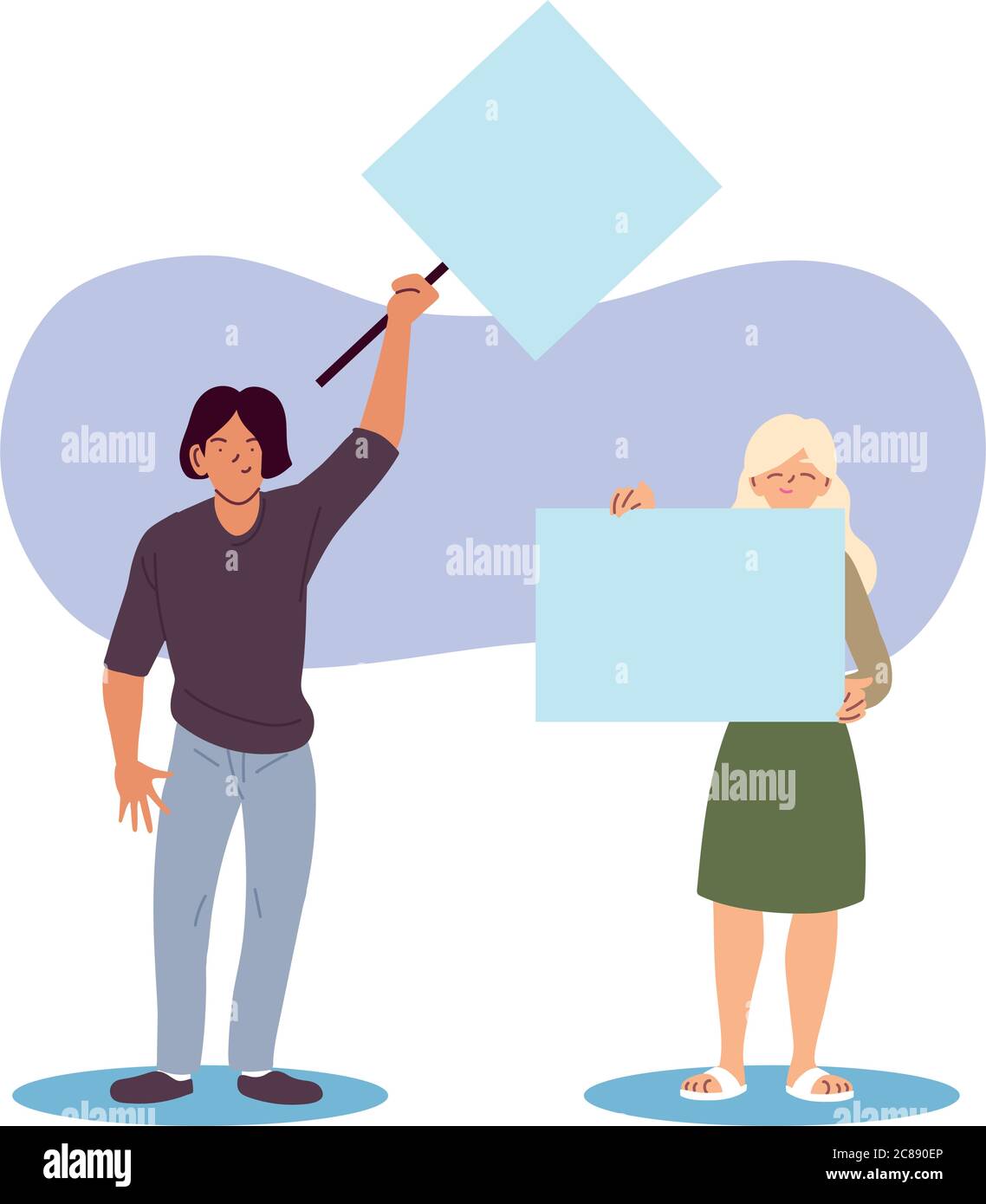 Woman and man cartoons holding banners boards design, Manifestation ...