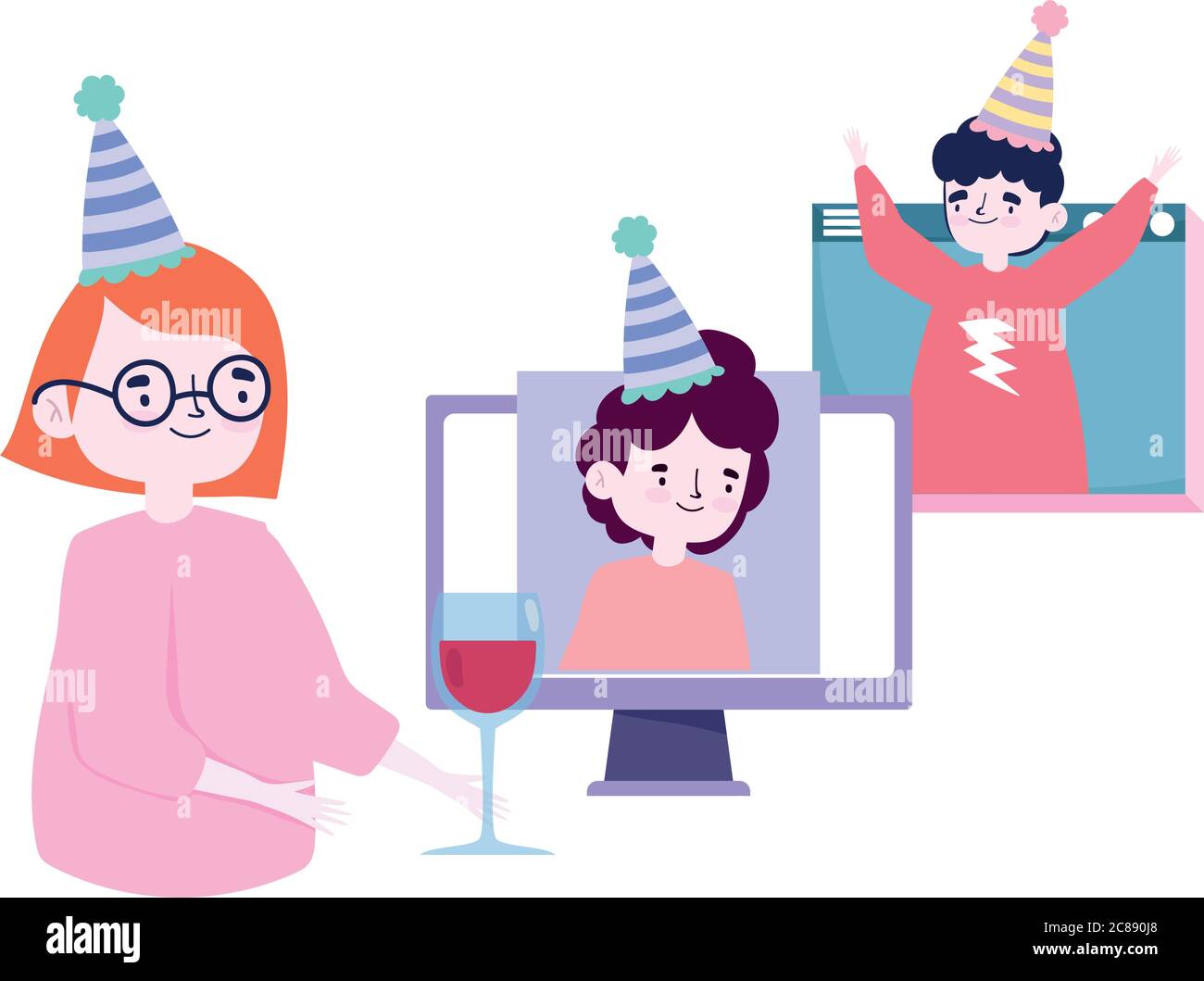 online party, meeting friends, couple and man on video birthday ...