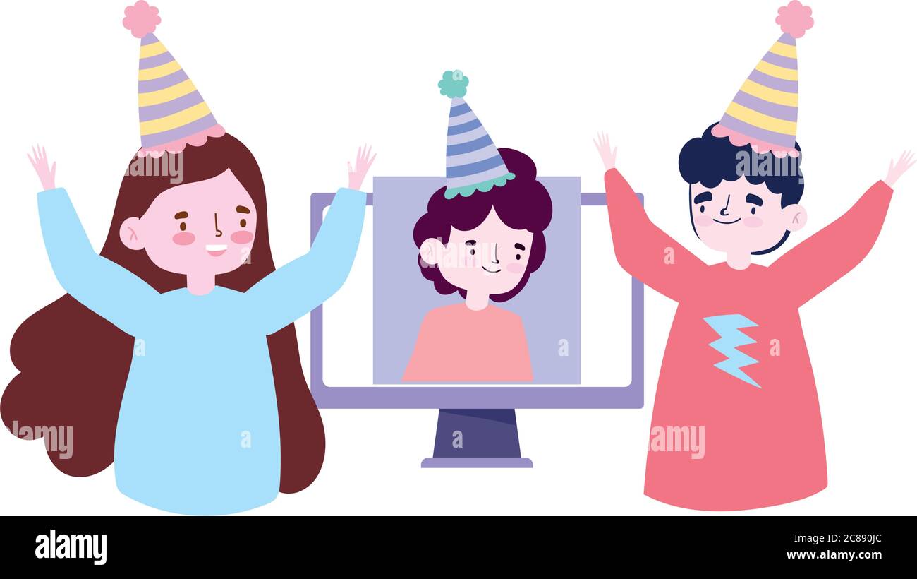 online party, meeting friends, couple and man on video birthday ...