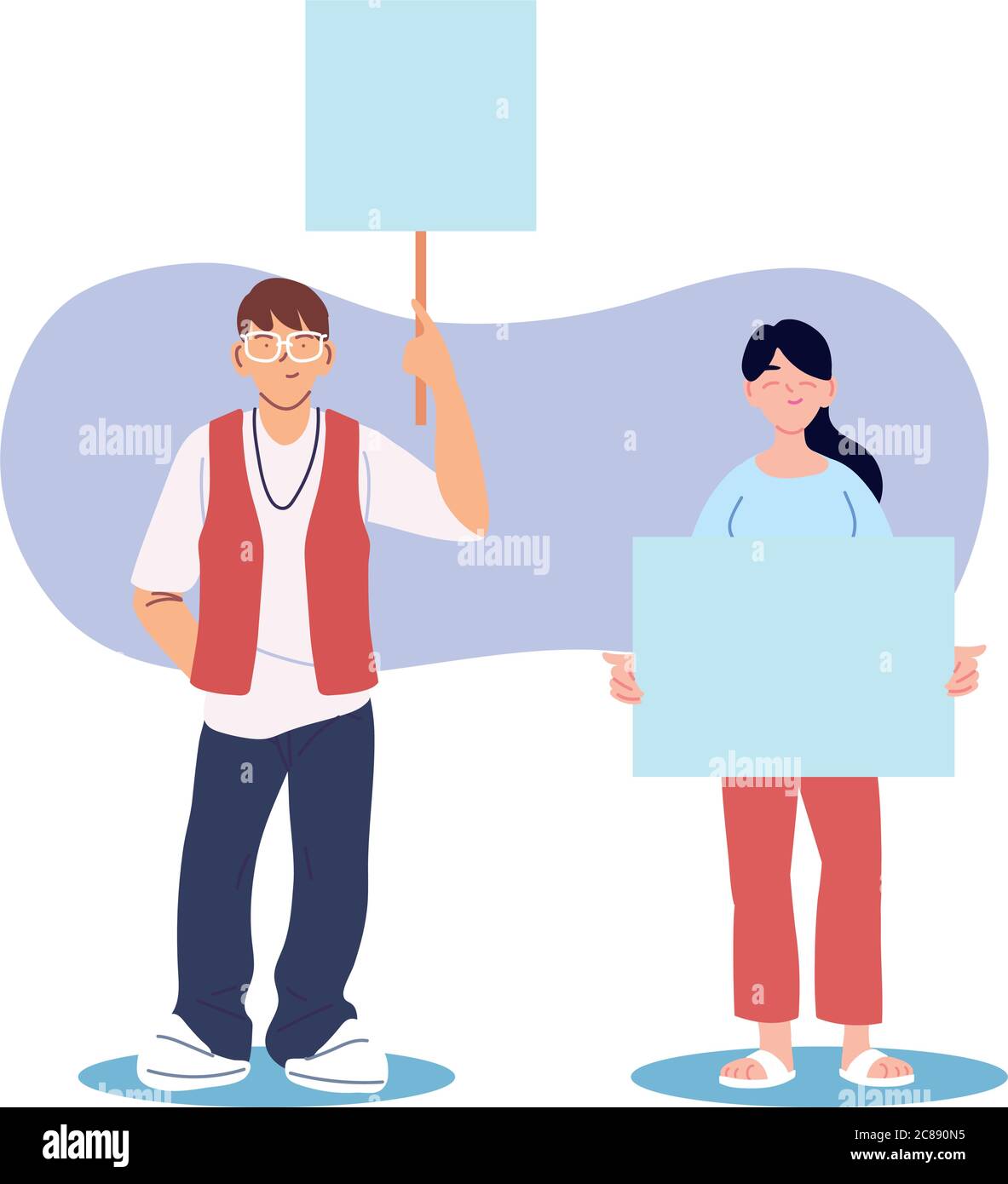 Woman and man cartoons holding banners boards design, Manifestation ...