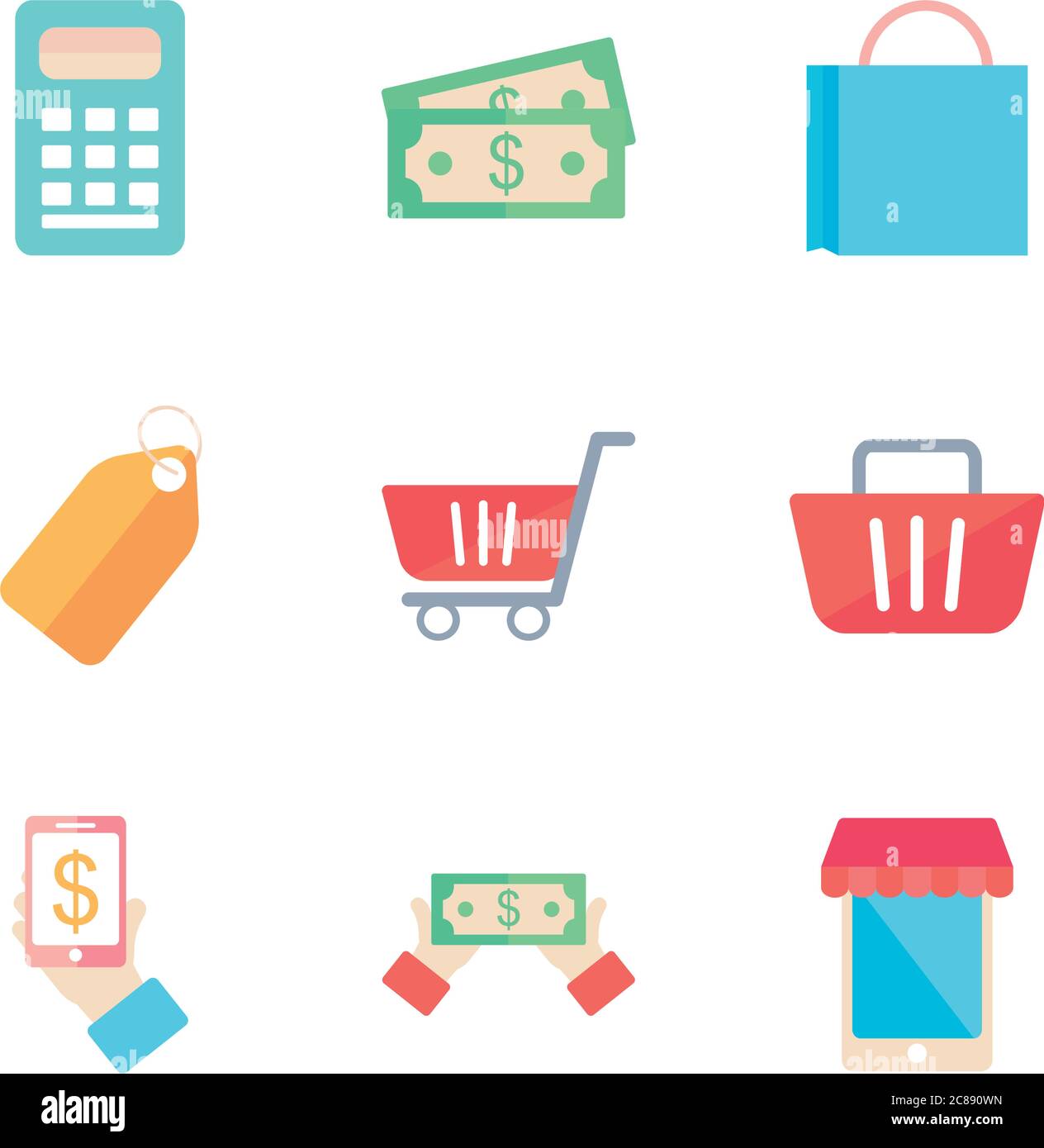 icon set of calculator and shopping over white background, flat style ...