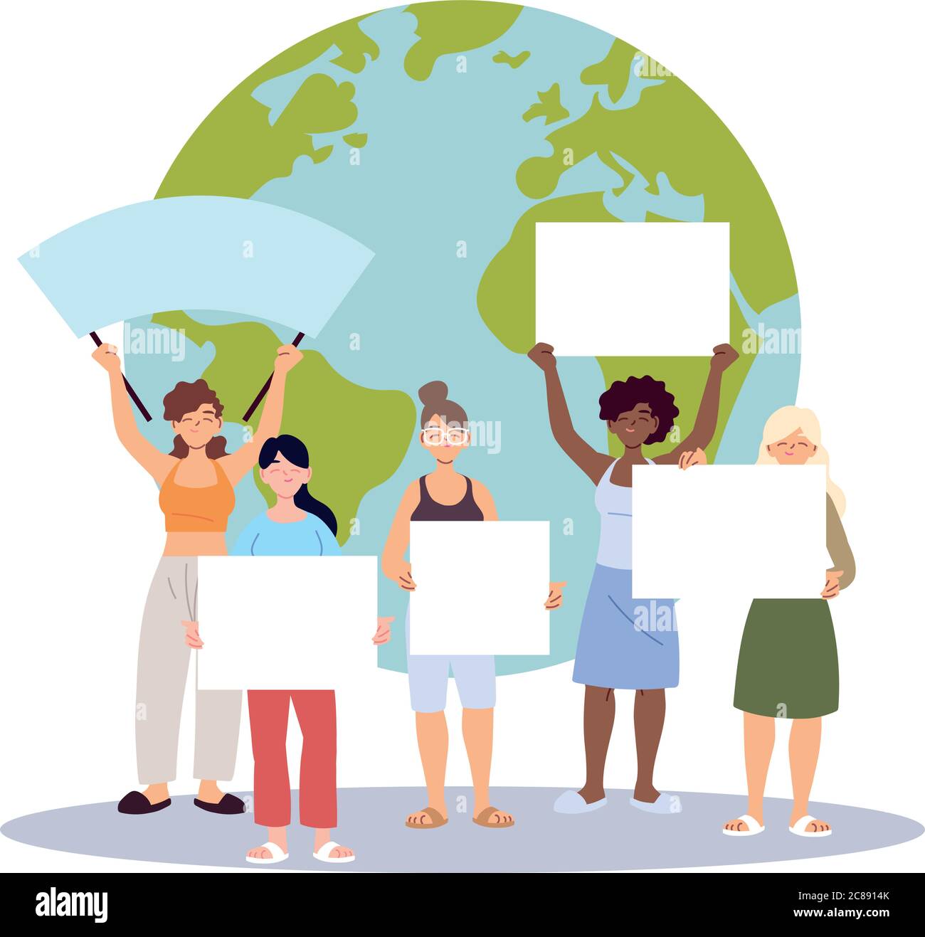 women cartoons holding banners boards in front of world design ...