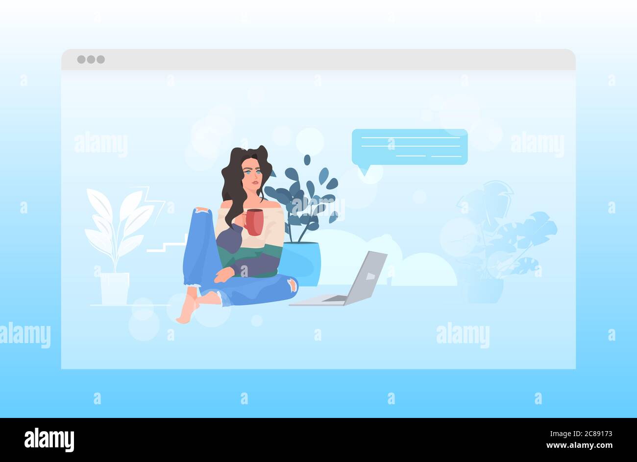 woman using laptop remote work quarantine isolation chat bubble ...