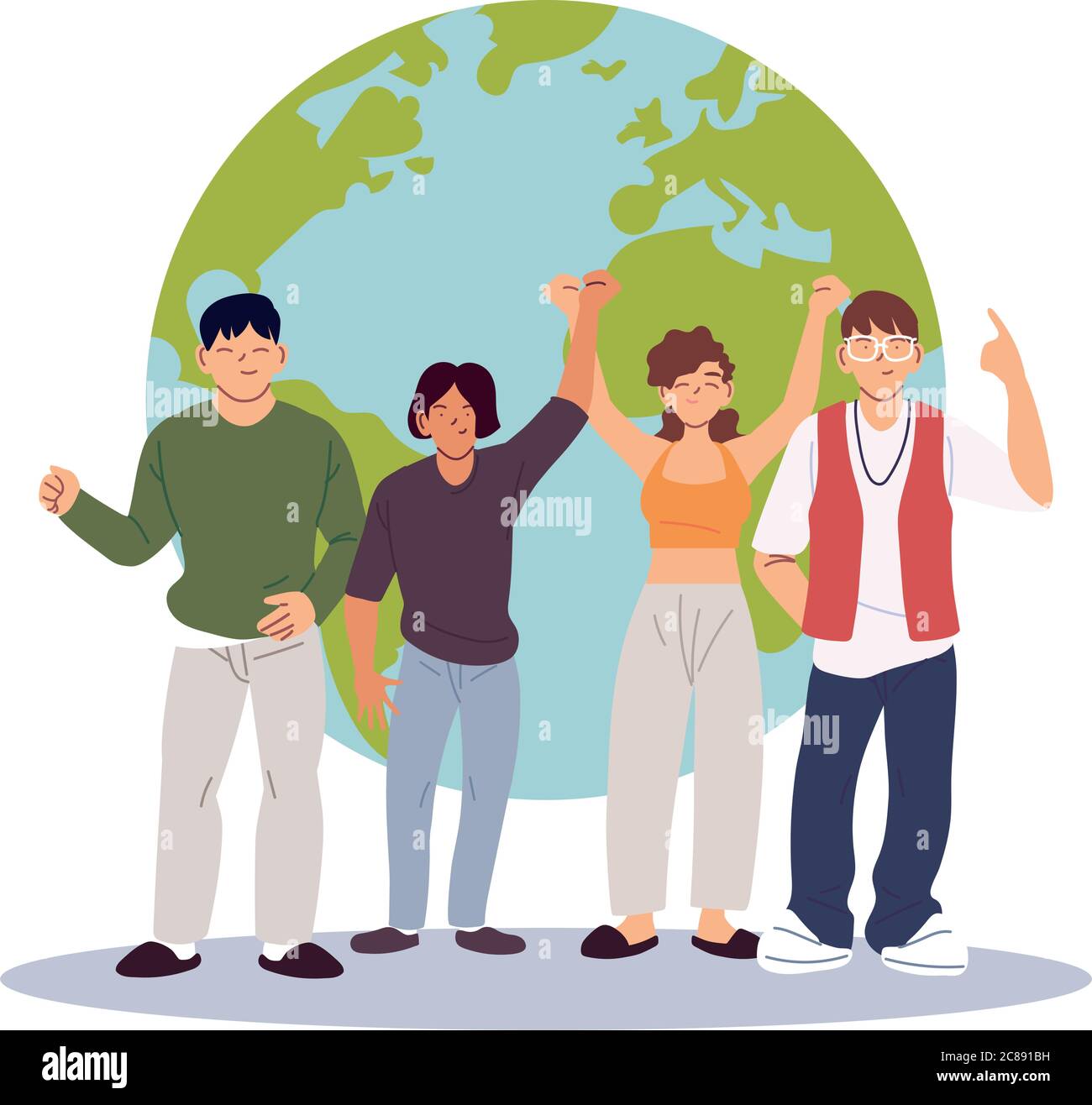 women and men cartoons in front of world design, Manifestation protest ...