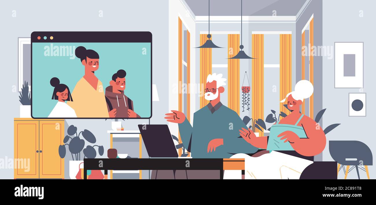 woman with children having virtual meeting with grandparents during ...