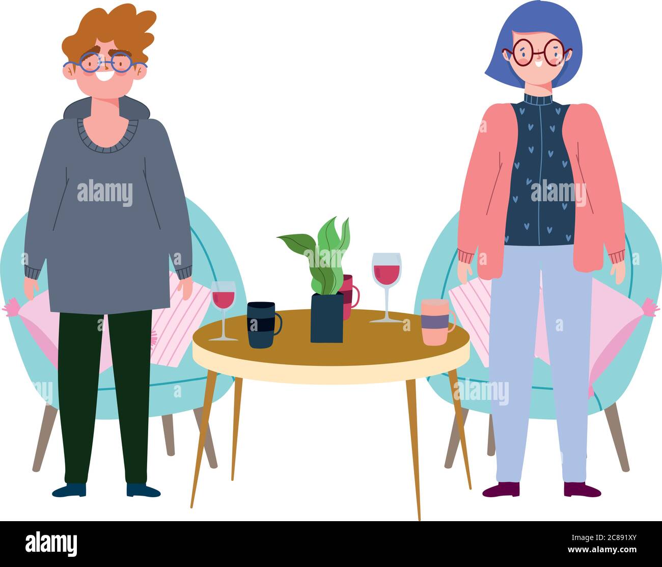 social distancing restaurant or a cafe, man and woman standing with ...