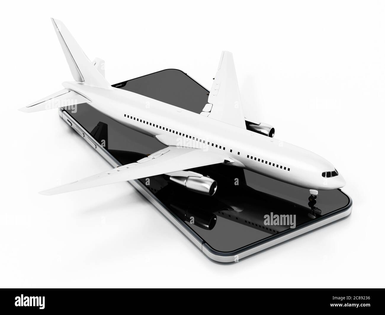 Airplane standing on smartphone screen. 3D illustration Stock Photo - Alamy