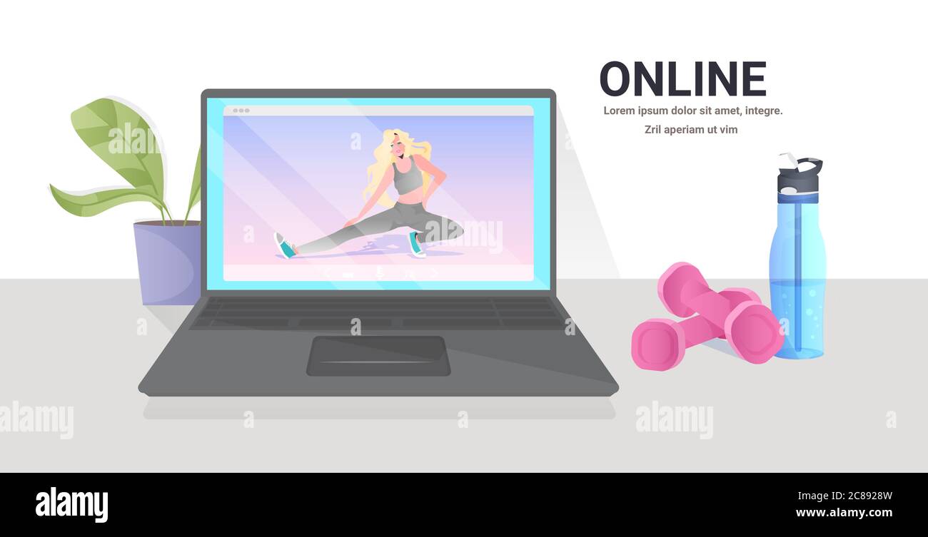woman doing yoga fitness exercises on laptop screen online training ...