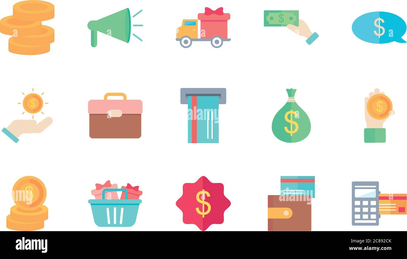 icon set of money coins and shopping over white background, flat style ...
