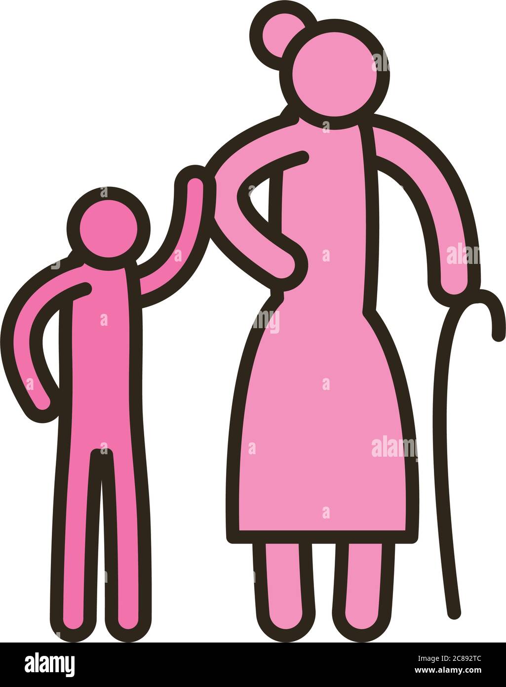 Grandmother avatar with walking stick and grandson line and fill style ...