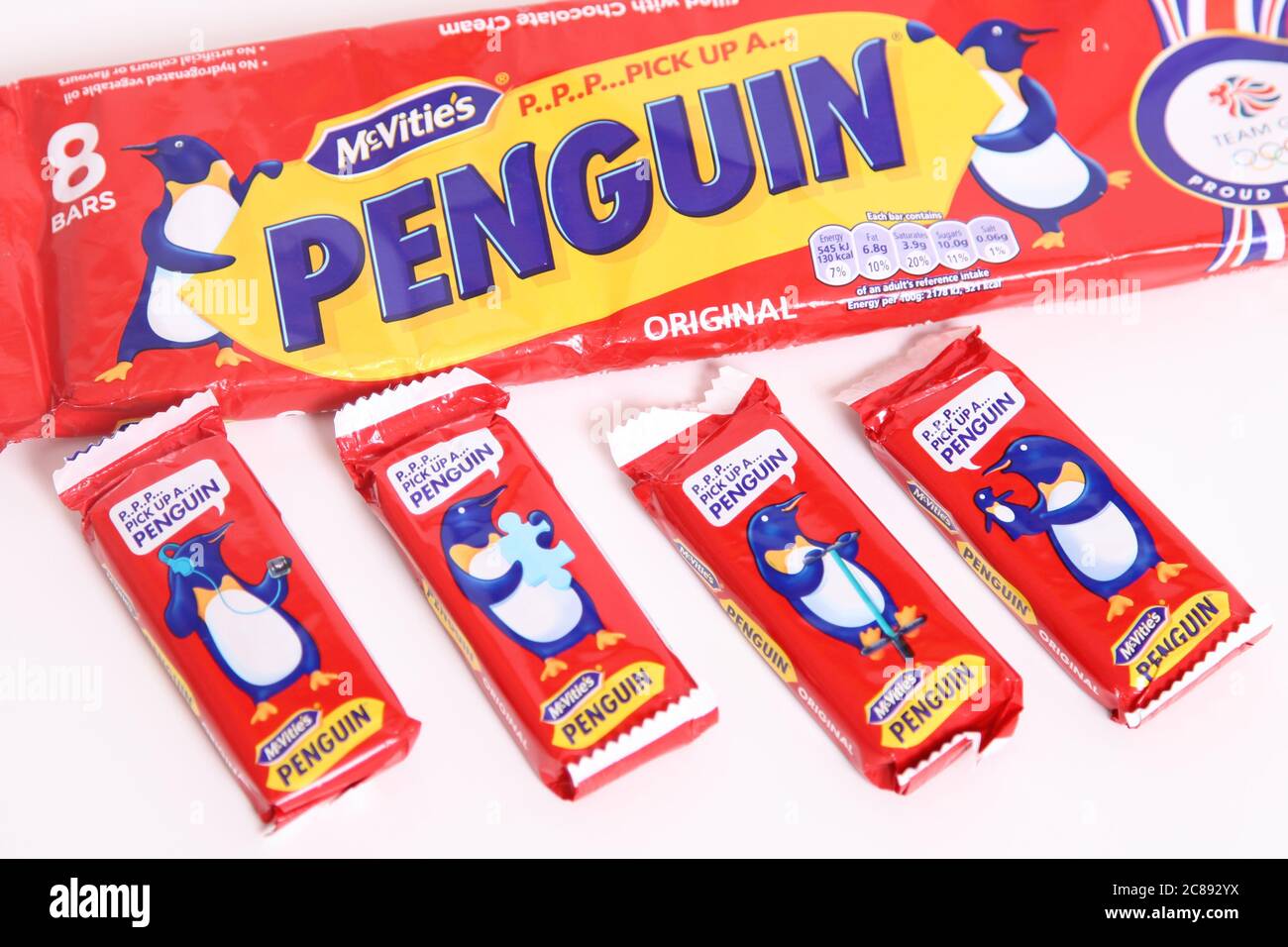 McVities Penguin Chocolate Biscuit Bars on white Stock Photo - Alamy