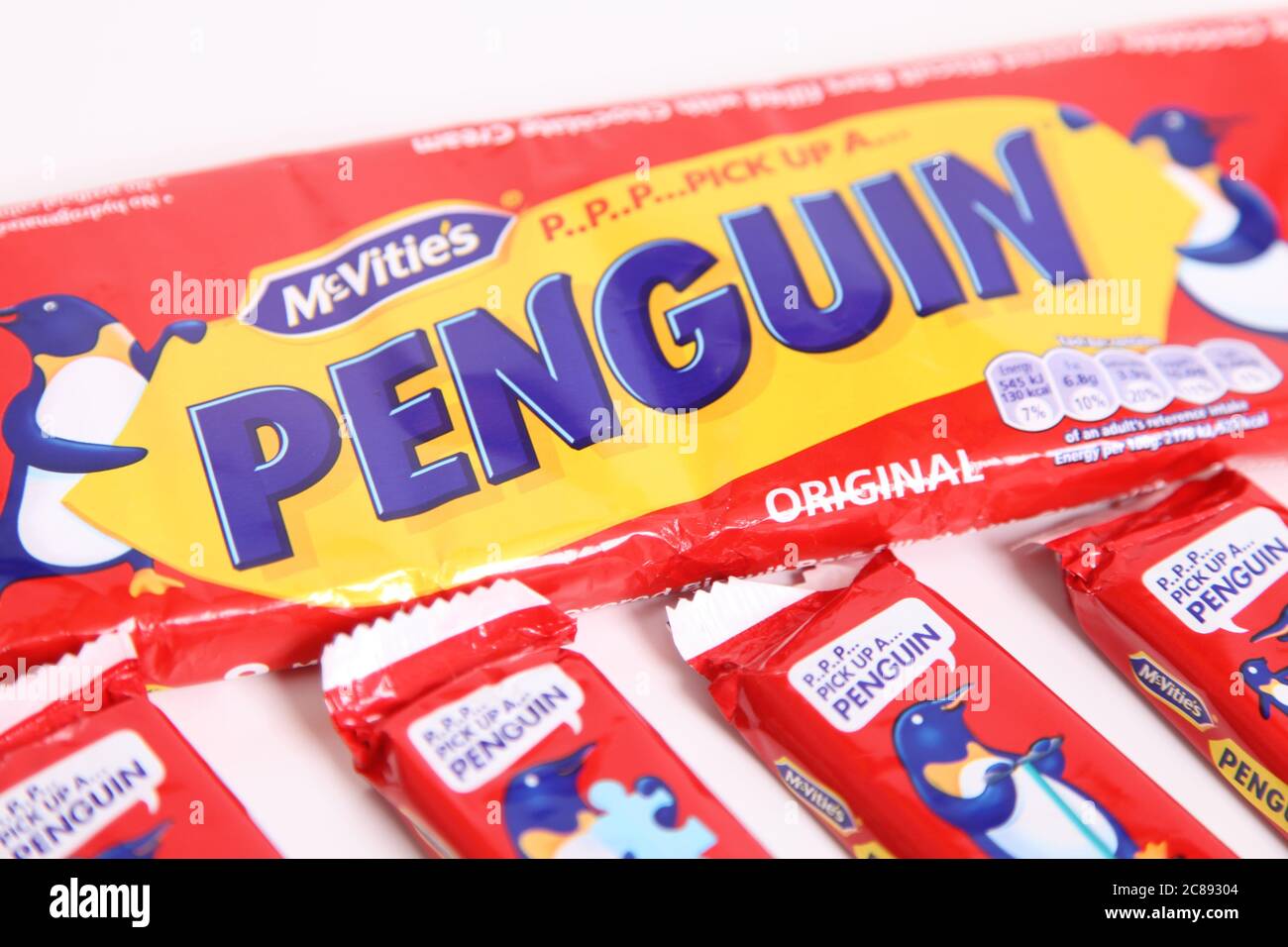 McVities Penguin Chocolate Biscuit Bars on white Stock Photo - Alamy