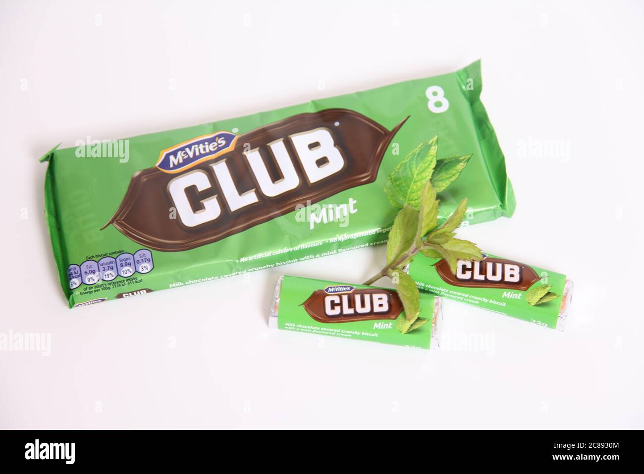 McVities Club Chocolate Bars, Mint flavour Club biscuit, on white with ...