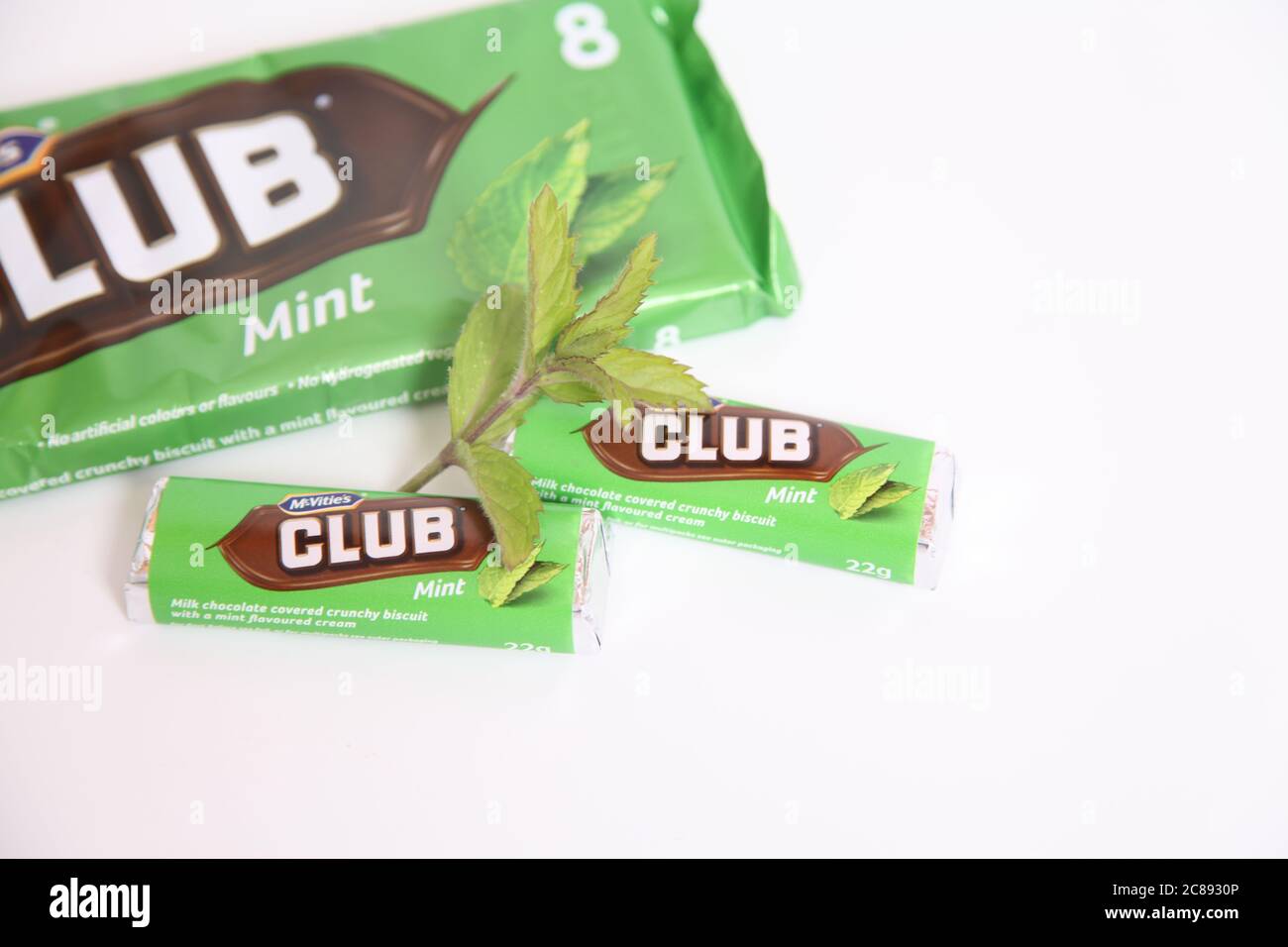 McVities Club Chocolate Bars, Mint flavour Club biscuit, on white with ...