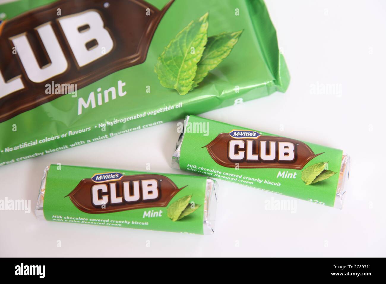 McVities Club Chocolate Bars, Mint flavour Club biscuit, on white Stock ...