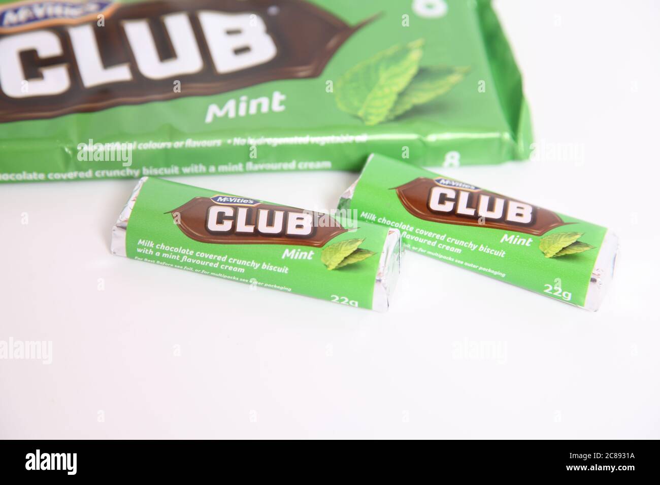 McVities Club Chocolate Bars, Mint flavour Club biscuit, on white Stock ...