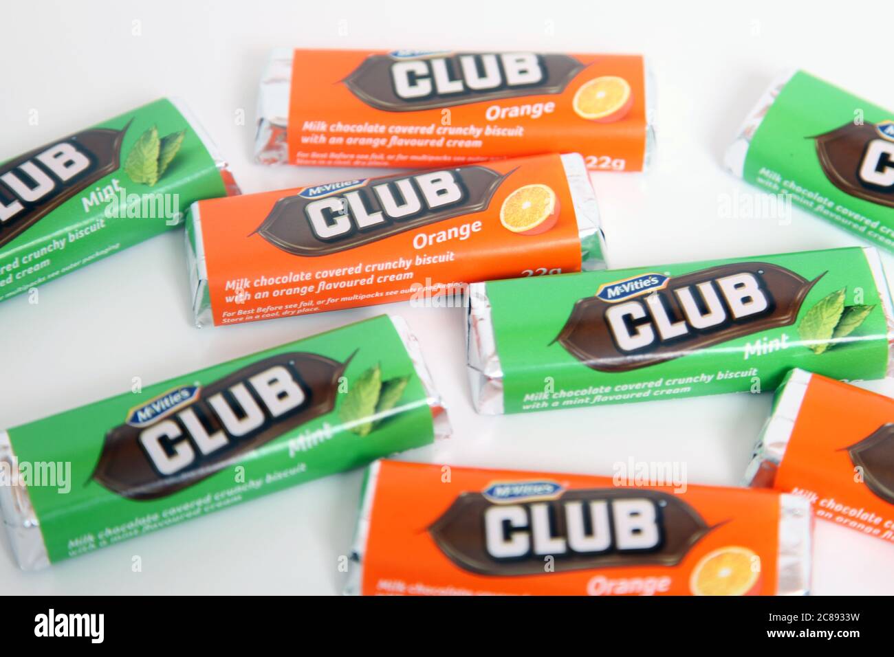 A mix of McVities Club chocolate biscuit bars Mint and Orange flavour ...
