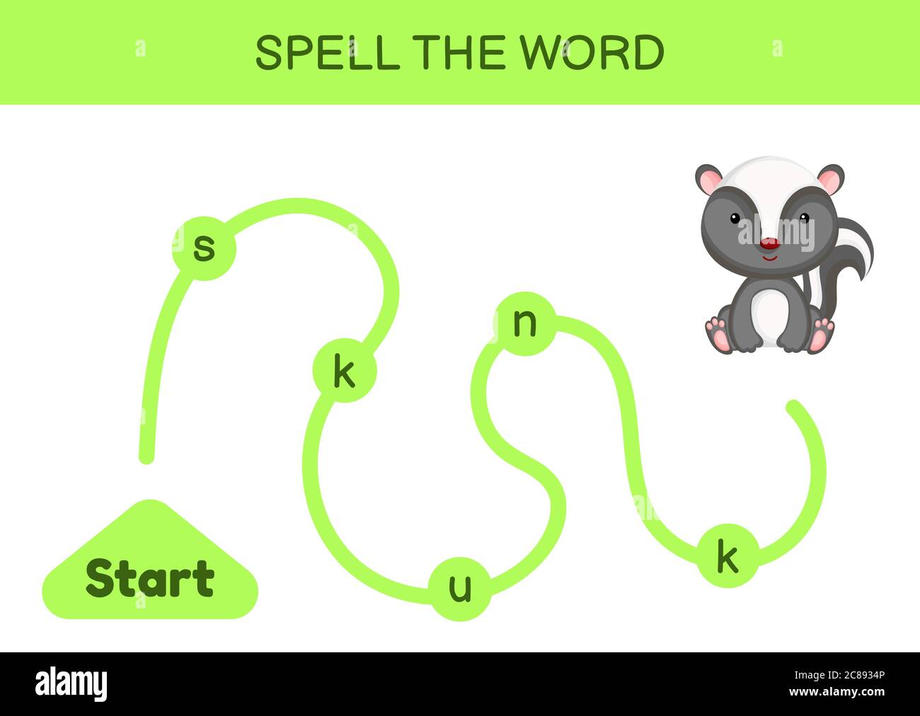 Maze for kids. Spelling word game template. Learn to read word skunk ...
