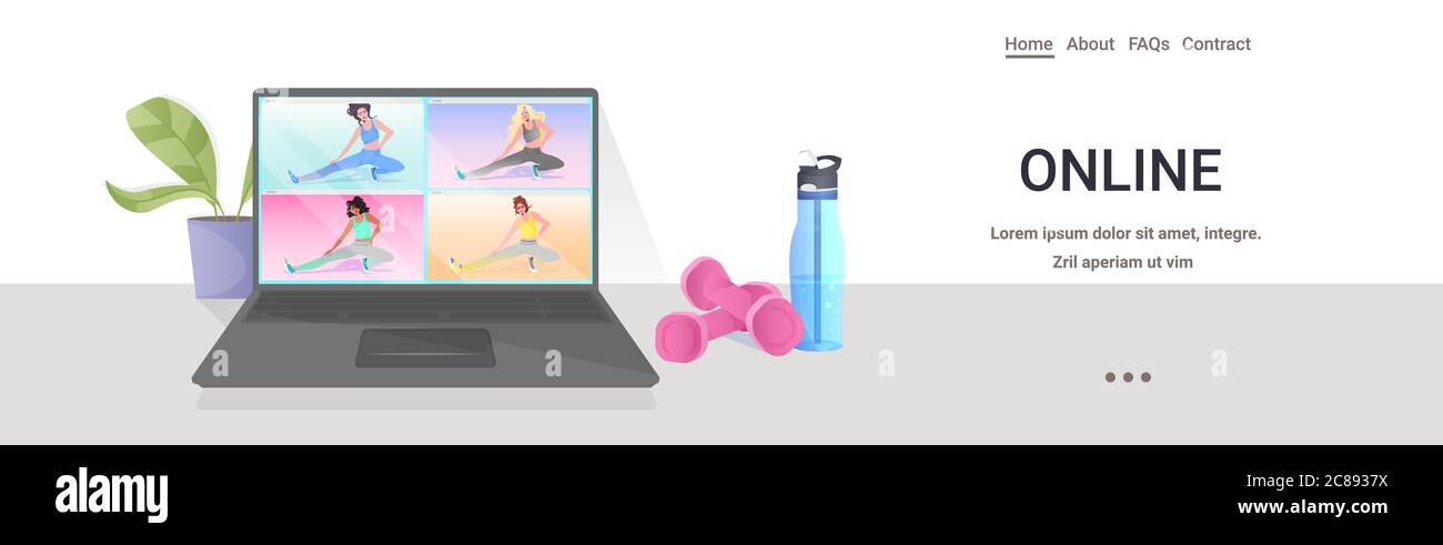 mix race women doing yoga fitness exercises on laptop screen online ...