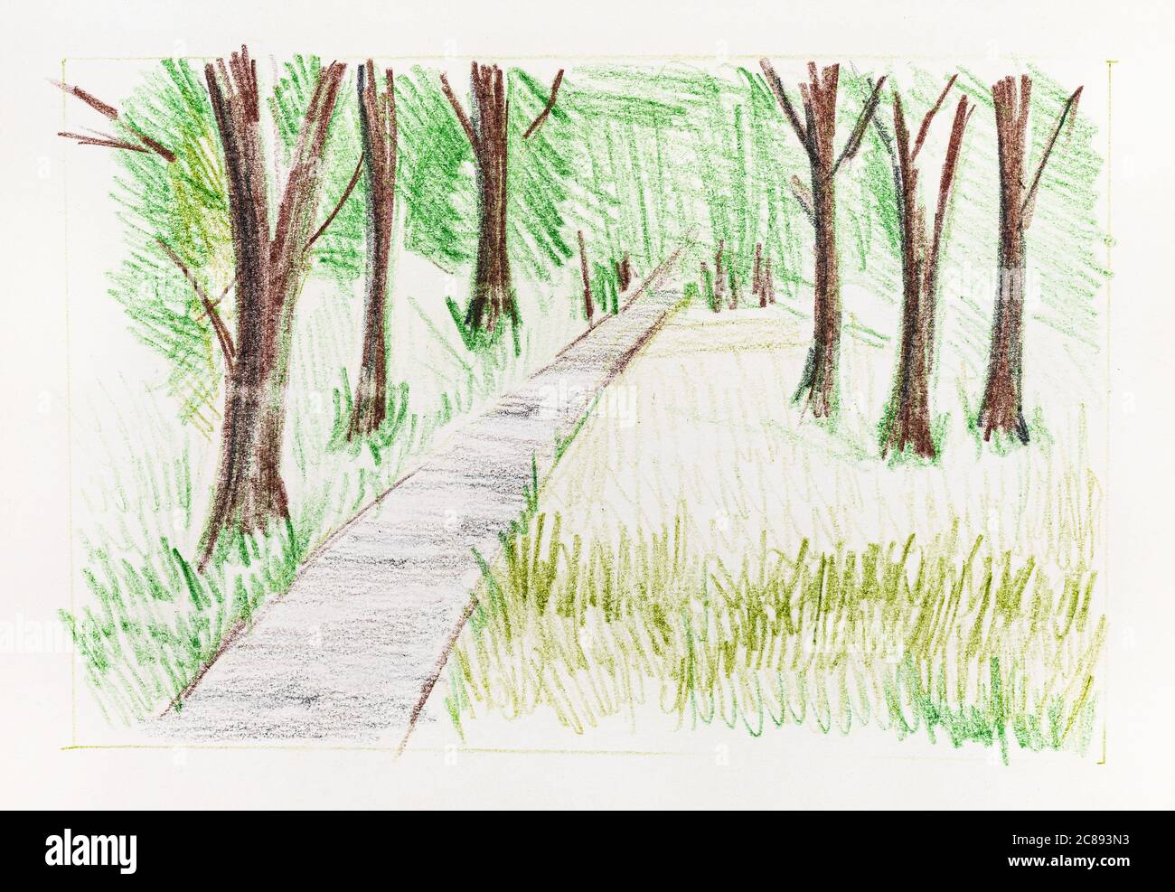 sketch of pedestrian path in city park in summer hand-drawn by color ...