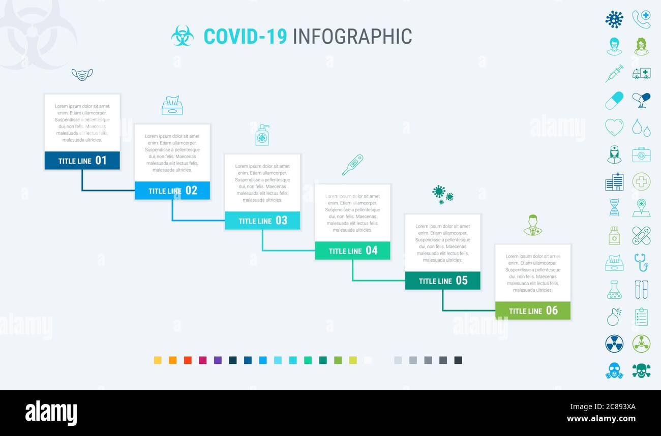 Colorful diagram of covid-19 infographic template. Timeline with 6 ...