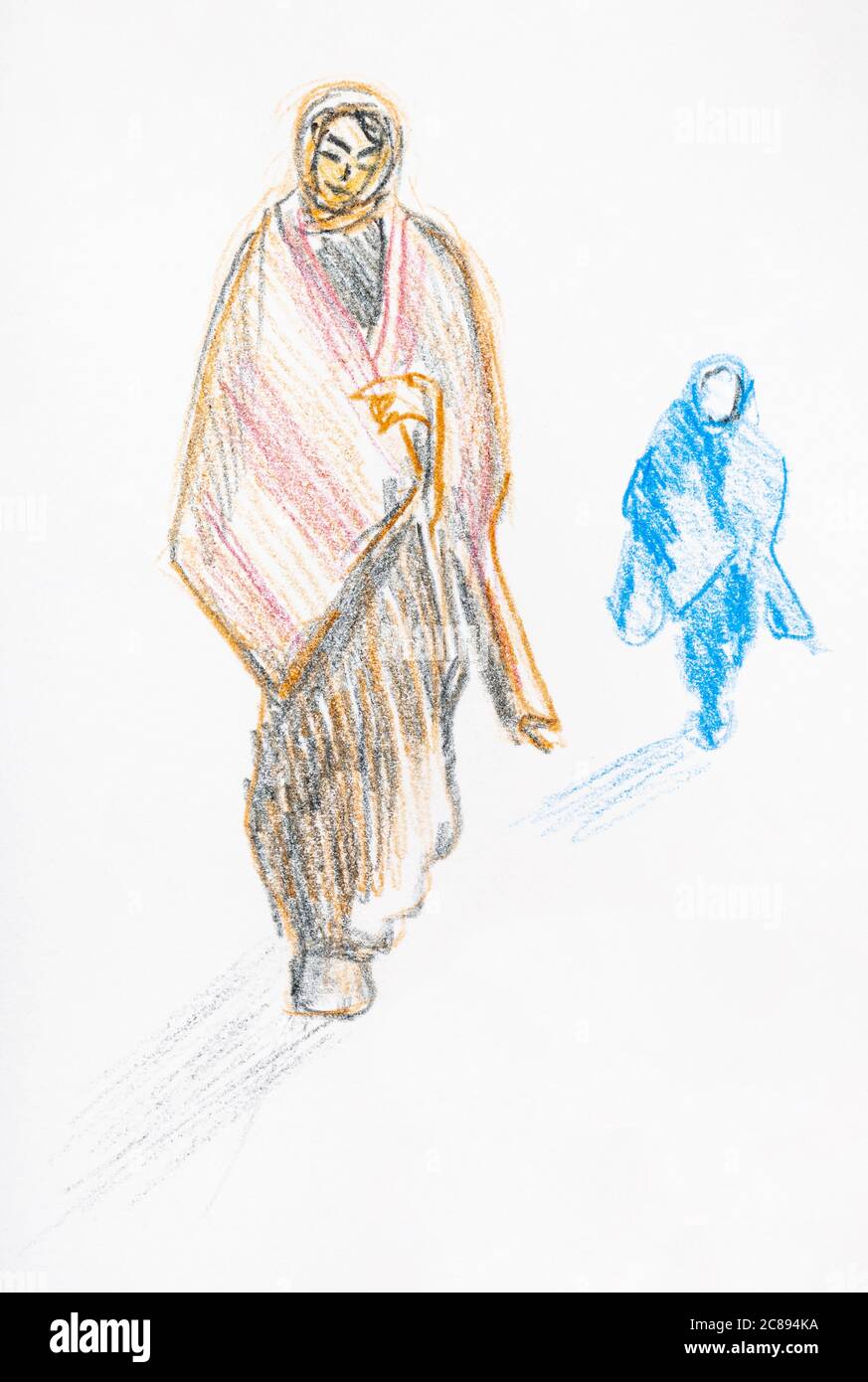 sketch of walking muslim woman in shawl hand-drawn by color pencils on ...