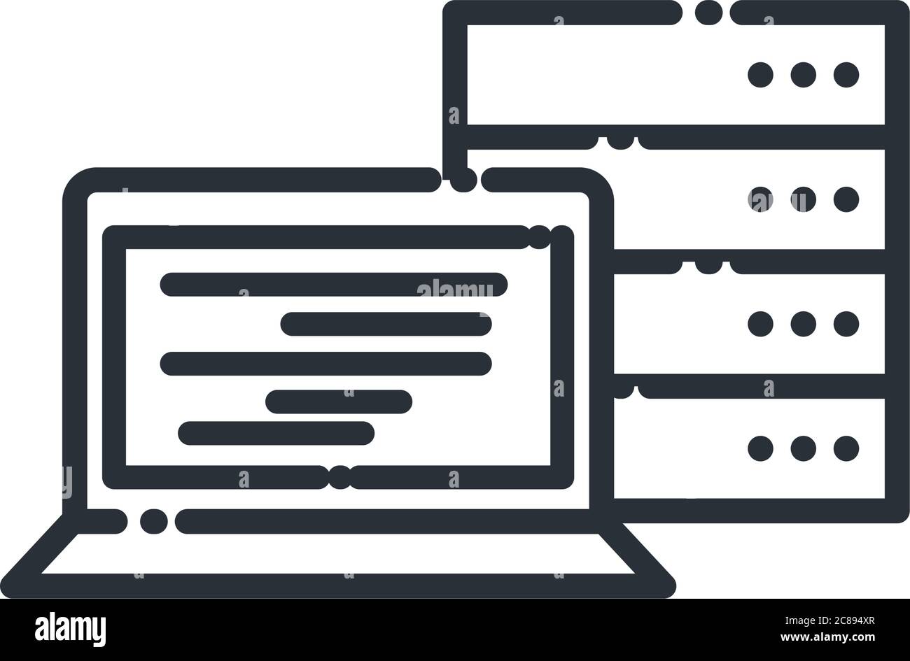 Laptop and web hosting line style icon design, Big data center base security system and hardware ...