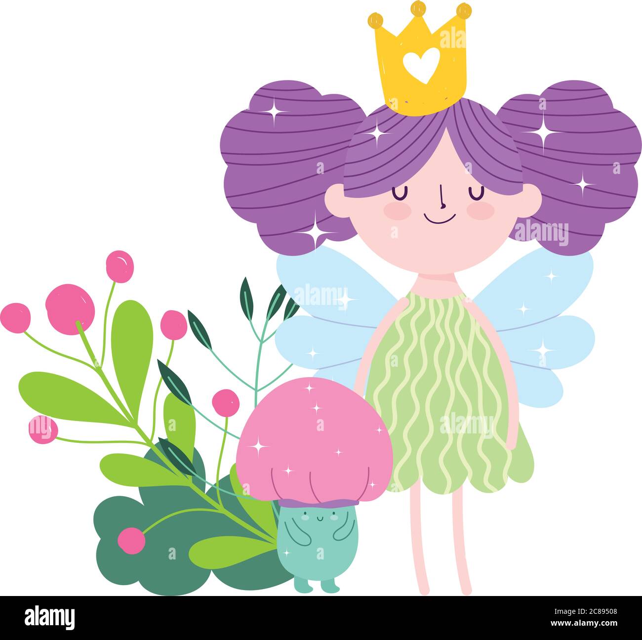 little fairy princess with crown mushroom rainbow tree tale cartoon ...