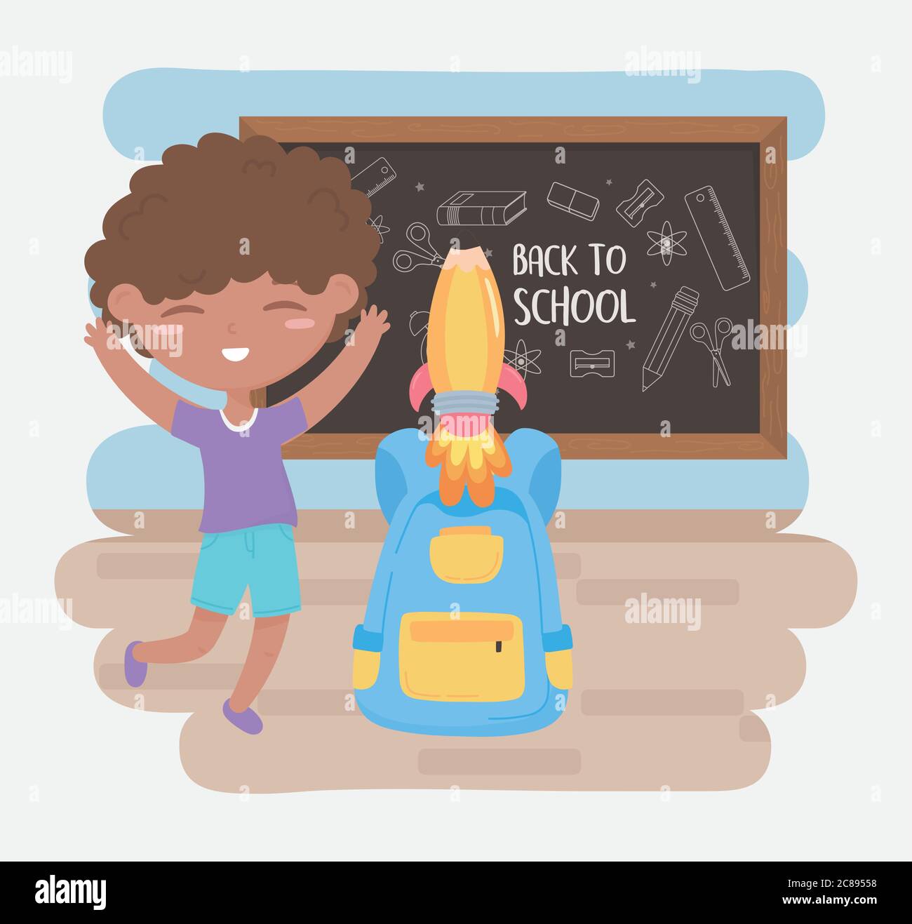 back to school, student boy with chalkboard backpack and rocket ...
