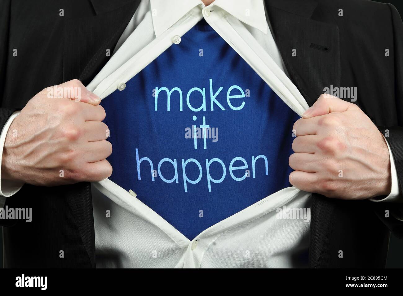 man opening his shirt to reveal a motivational message Stock Photo - Alamy