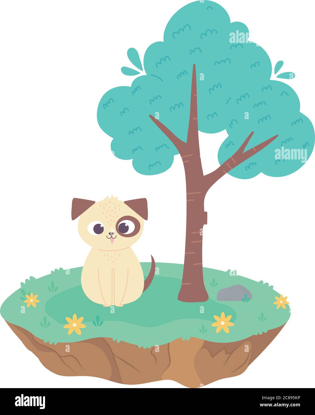 cute dog domestic animals cartoon standing meadow tree and flowers ...