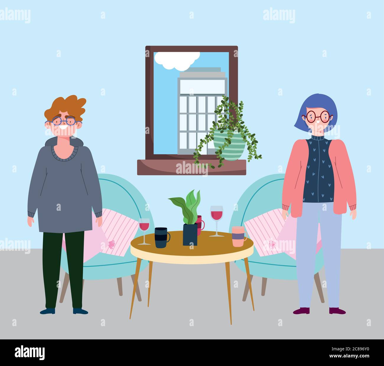 social distancing restaurant or a cafe, man and woman standing with ...