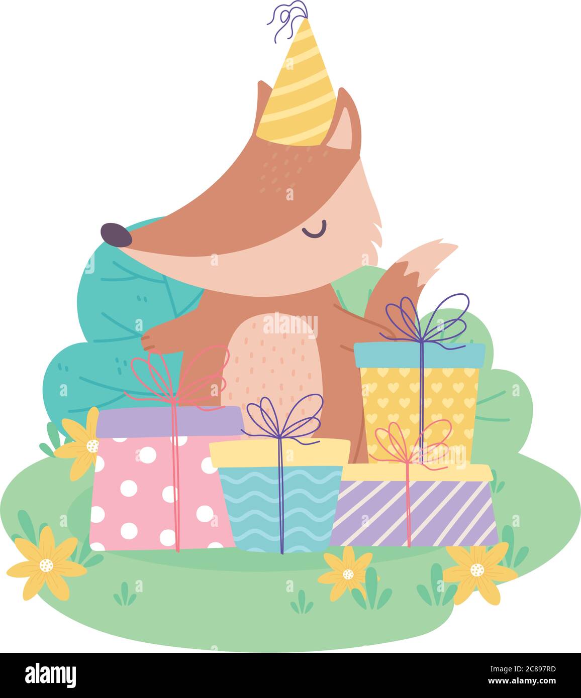 happy birthday, cute fox with party hat and gift boxes, celebration ...
