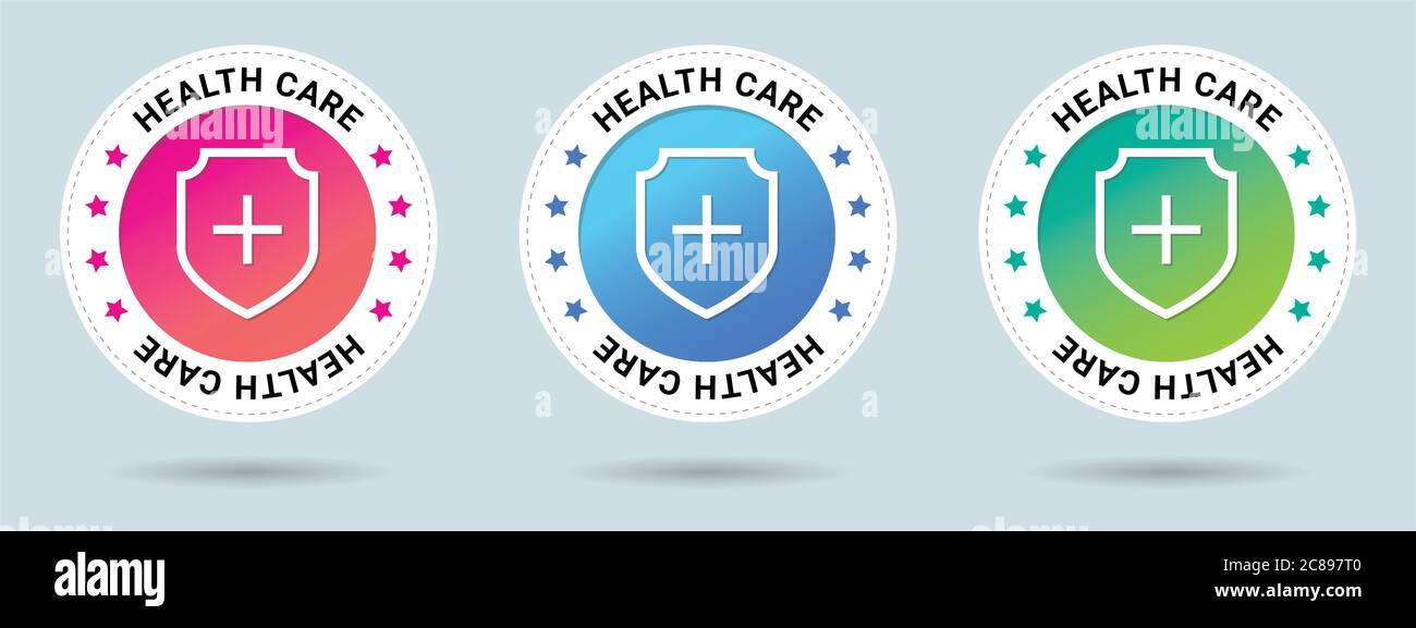 Health care insignia stamp. Vector certificate icon. Set of 3 beautiful ...